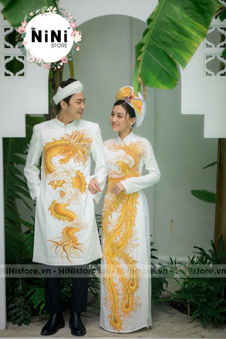 Cặp áo dài cô dâu chú rể rồng phượng màu trắng vàng - (CD62 + CR33 ...