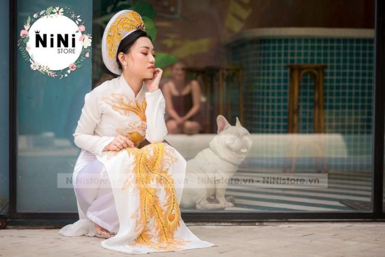 Cặp áo dài cô dâu chú rể rồng phượng màu trắng vàng - (CD62 + CR33 ...